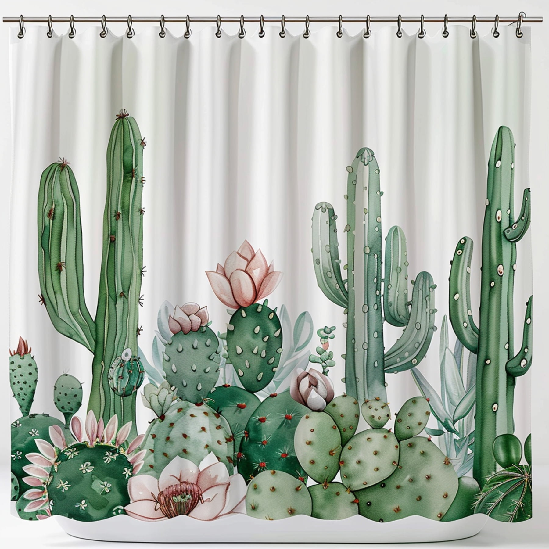 Watercolor Cartoon Cactus Garden Shower Curtain Green And Pink Foliage
