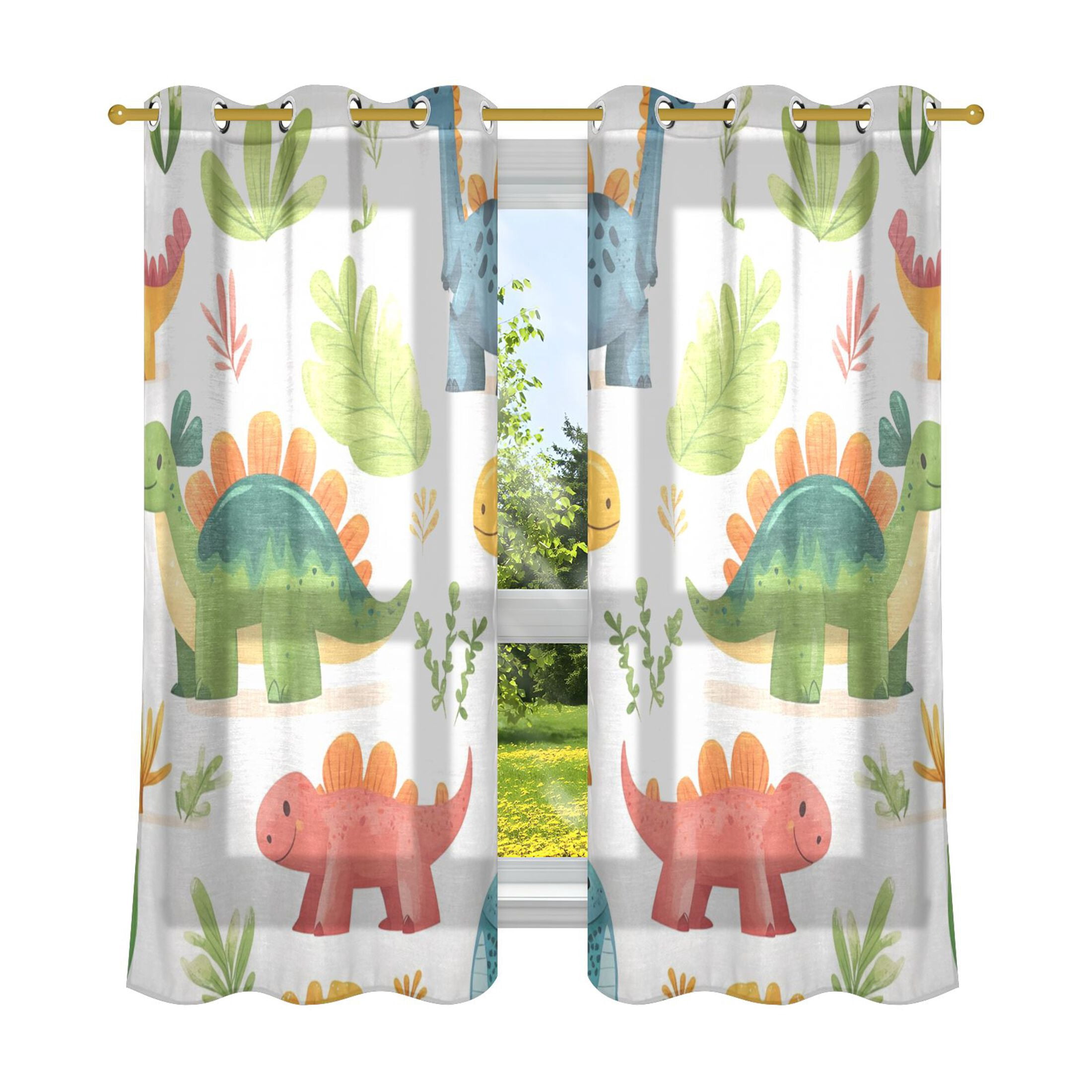 Watercolor Cartoon Dinosaur Semi Sheer Curtains for Living Room Bedroom ...