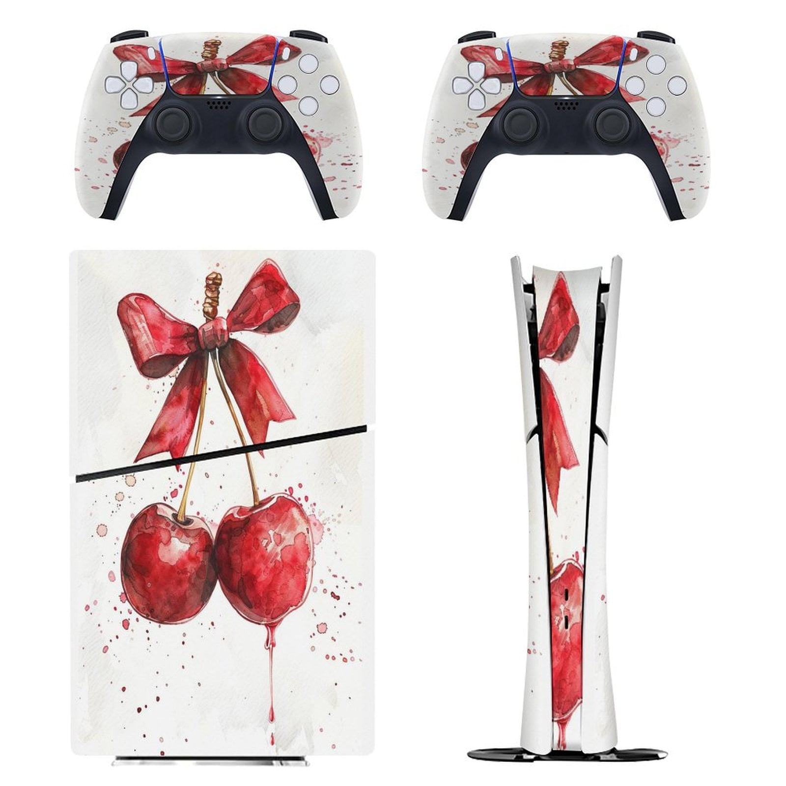 Watercolor Cherry Berries Bow PS5/PS5 Slim Digital Disc Skin Sticker For Console And Controller ...