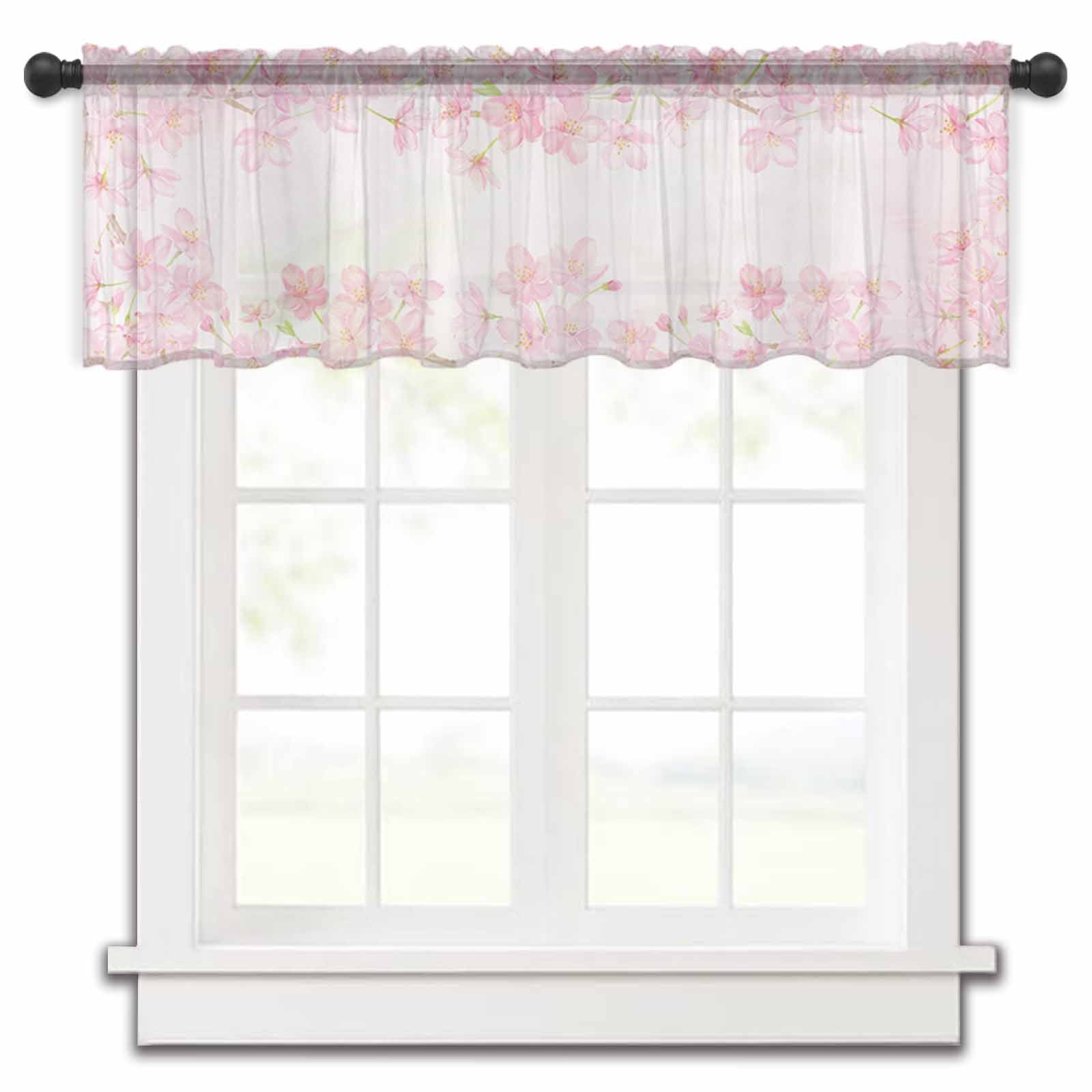 Watercolor Cherry Blossom Border Kitchen Sheer Curtains Tulle Short ...