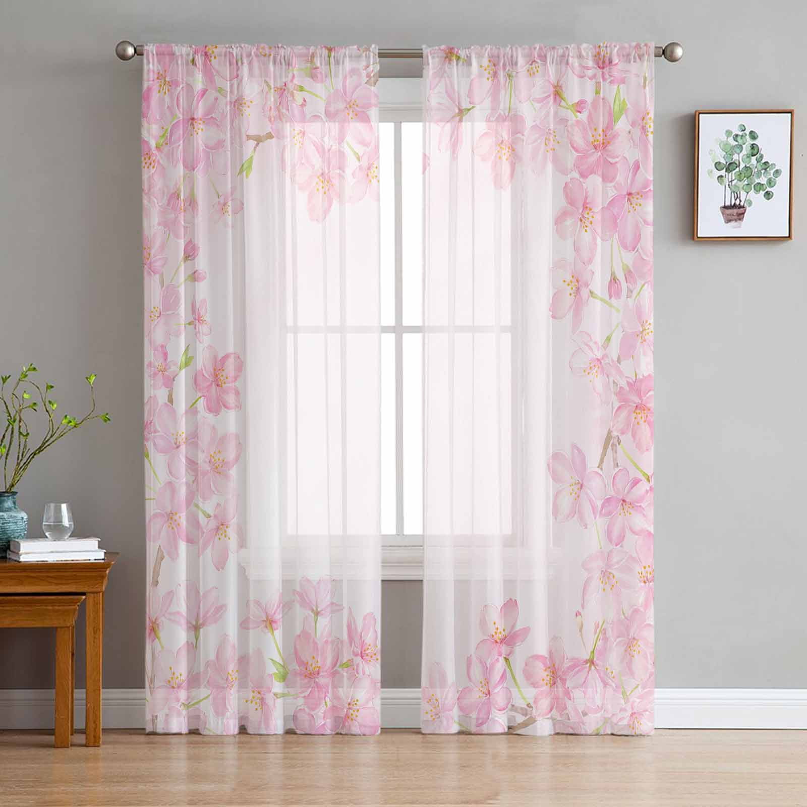 Watercolor Cherry Blossom Border Tulle Sheer Curtain Living Room Adults ...