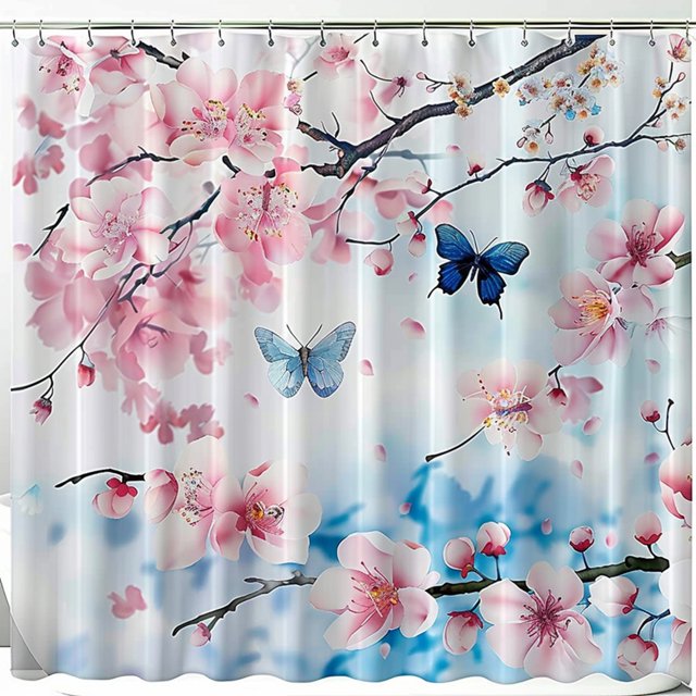 Watercolor Cherry Blossom And Butterfly Shower Curtain Pink Blue White
