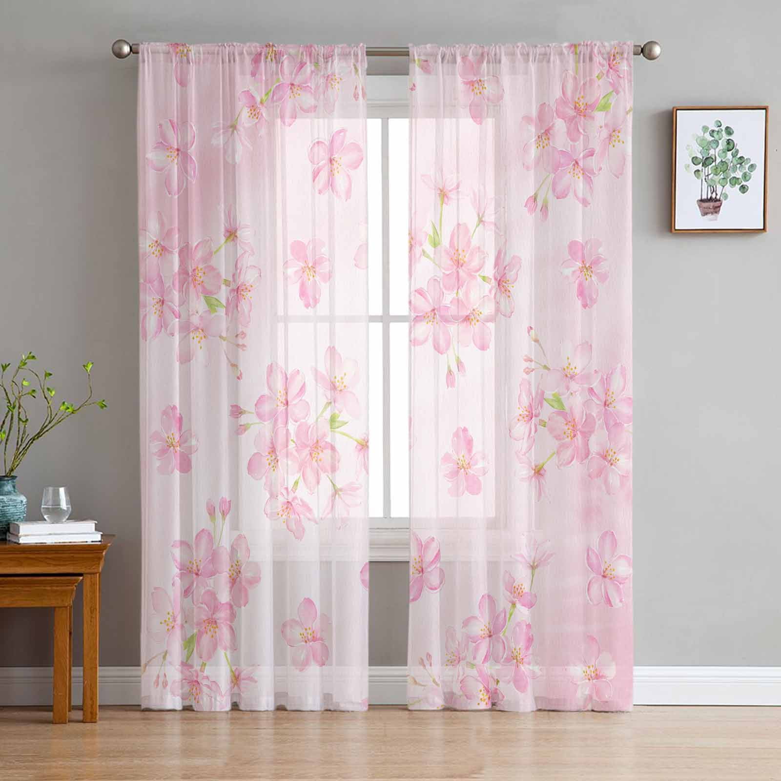 Watercolor Cherry Blossom Flower Sheer Curtains for Living Room ration ...