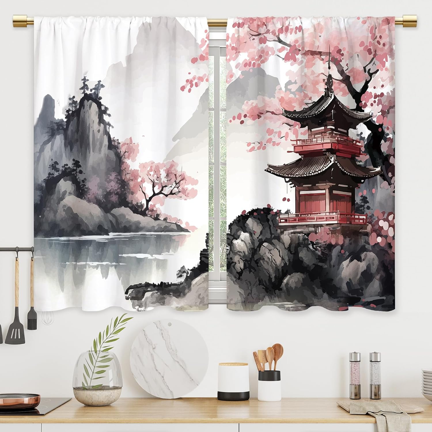 Watercolor Cherry Blossom Kitchen Curtains Japanese Asian Chinese ...