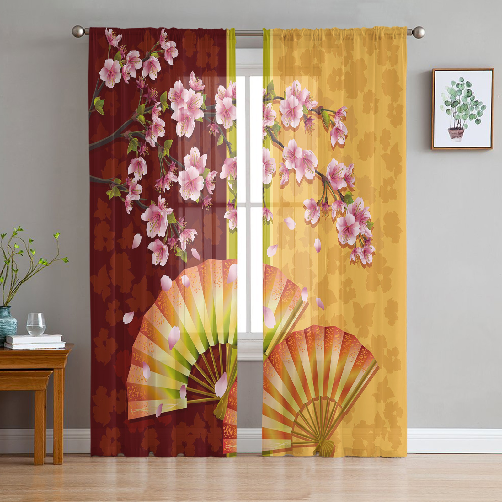 Watercolor Cherry Blossom Tulle Curtains for Living Room Bedroom ration ...