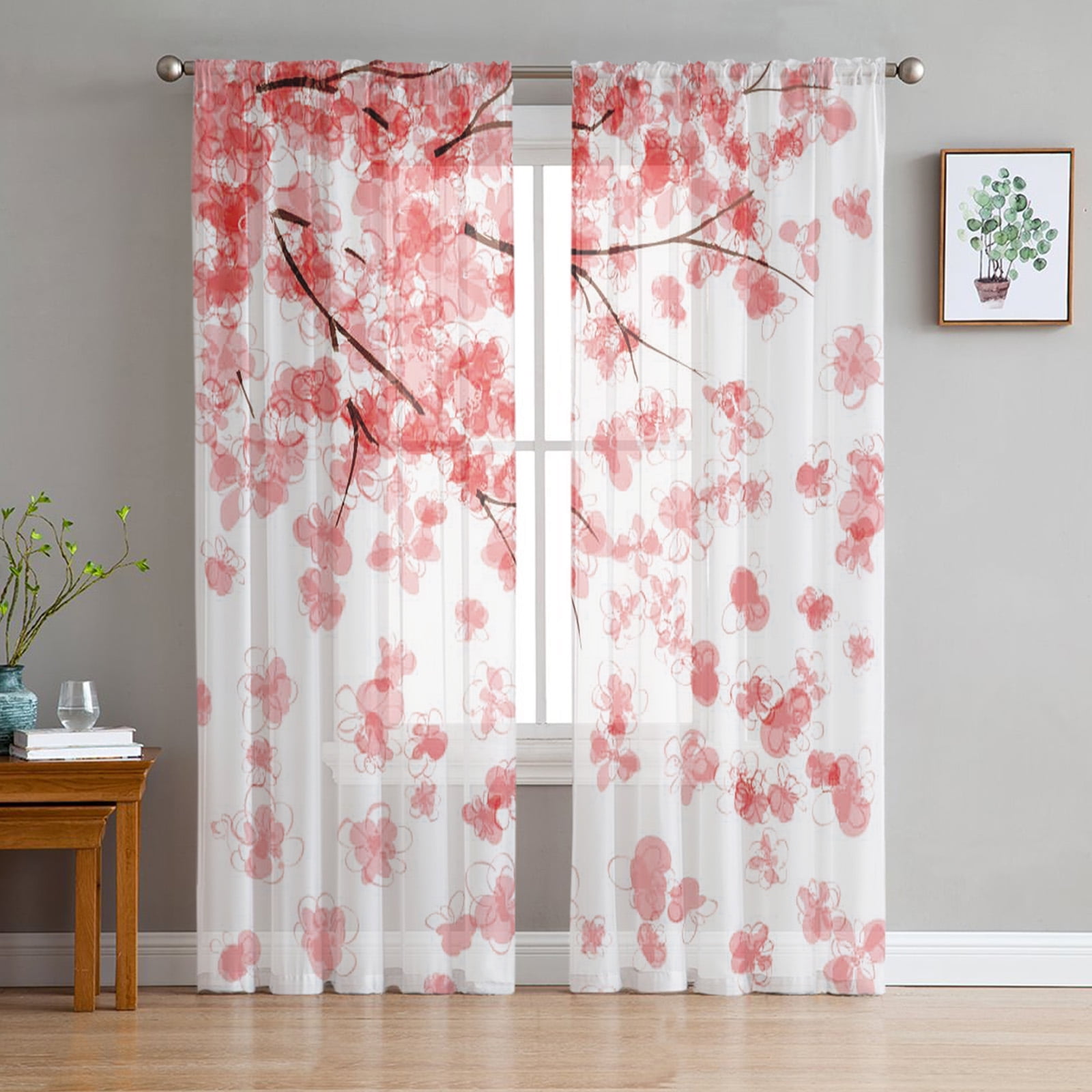 Watercolor Cherry Blossom Tulle Curtains for Living Room Bedroom ration ...