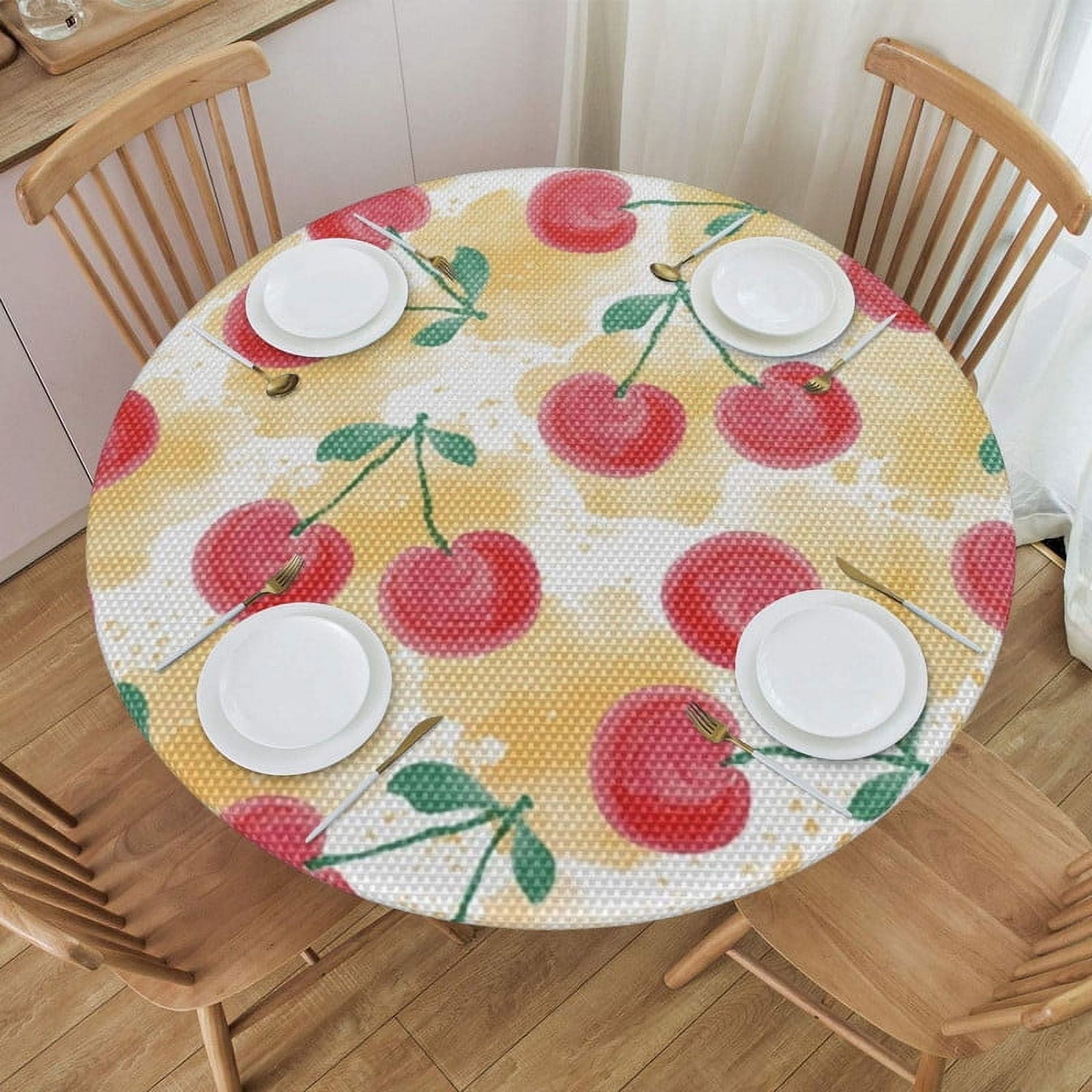 Watercolor Cherry Fruit Round Fitted Tablecloth with Elastic Fitted ...