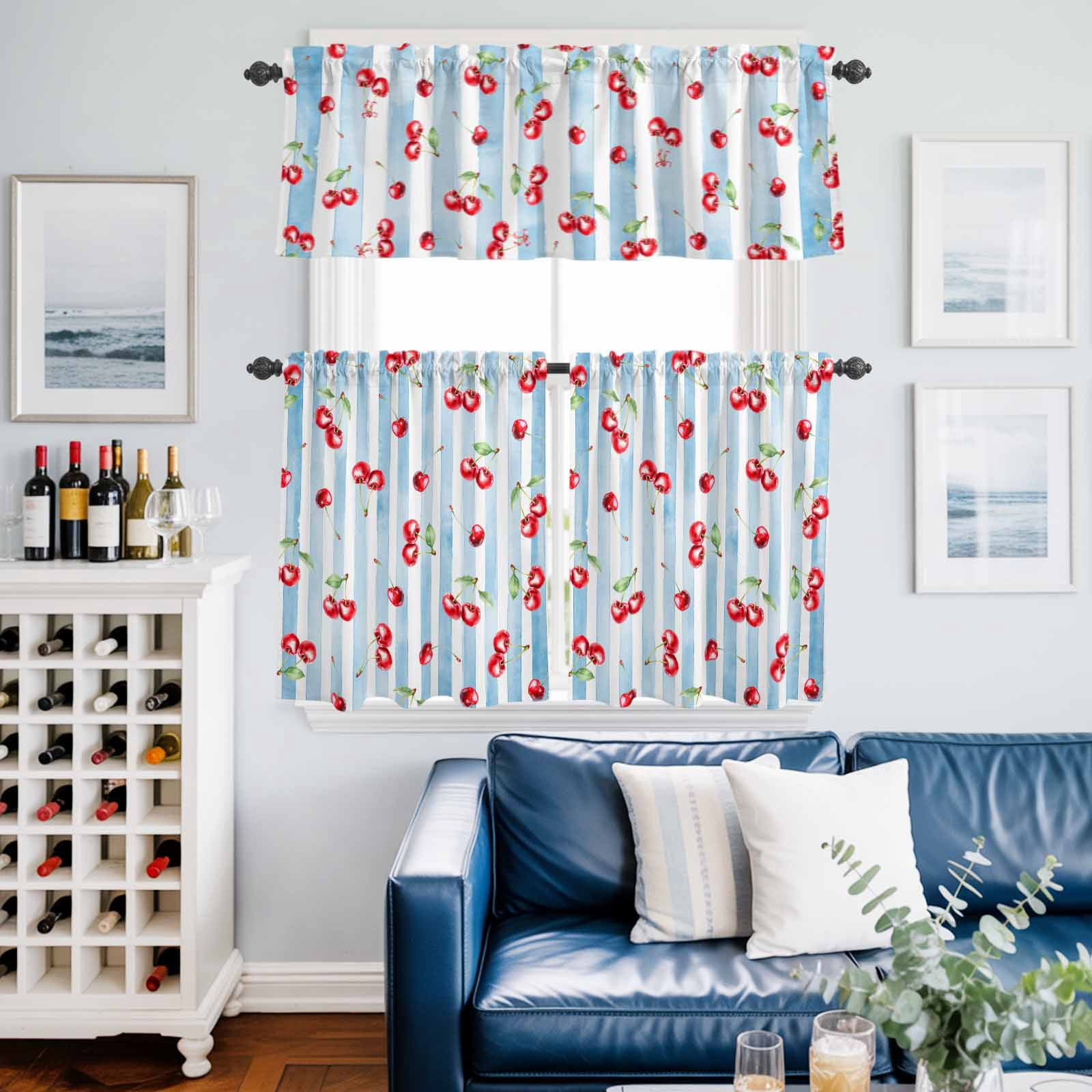 Watercolor Cherry Red Fruit Art Curtain Tier and Valance Set 3 Piece ...