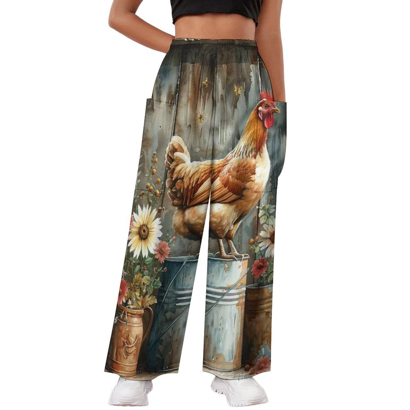 Watercolor Chicken in Foreground Flower Straight Leg Trousers for Women ...