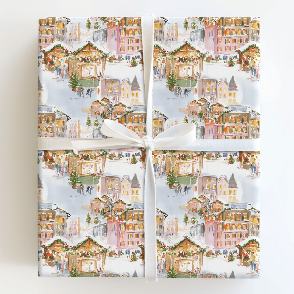 Watercolor Christmas Market Village Scene Holiday Gift Wrapping Paper ...