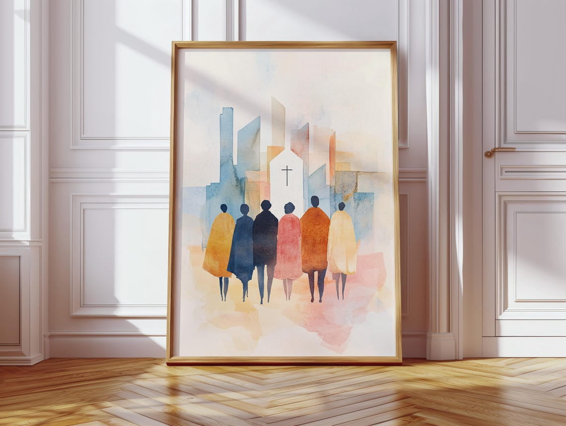 Watercolor Church In Cityscape Print, Urban Faith Christian Art ...