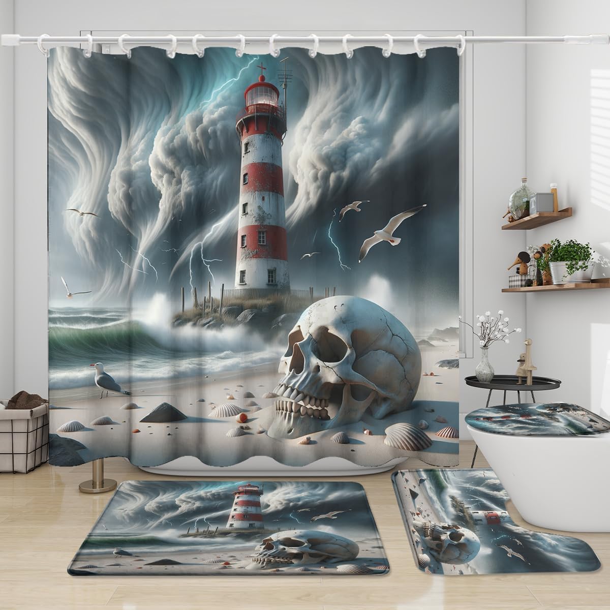 Watercolor Coastal Lighthouse 4 Piece Shower Curtain Sets,Realistic ...