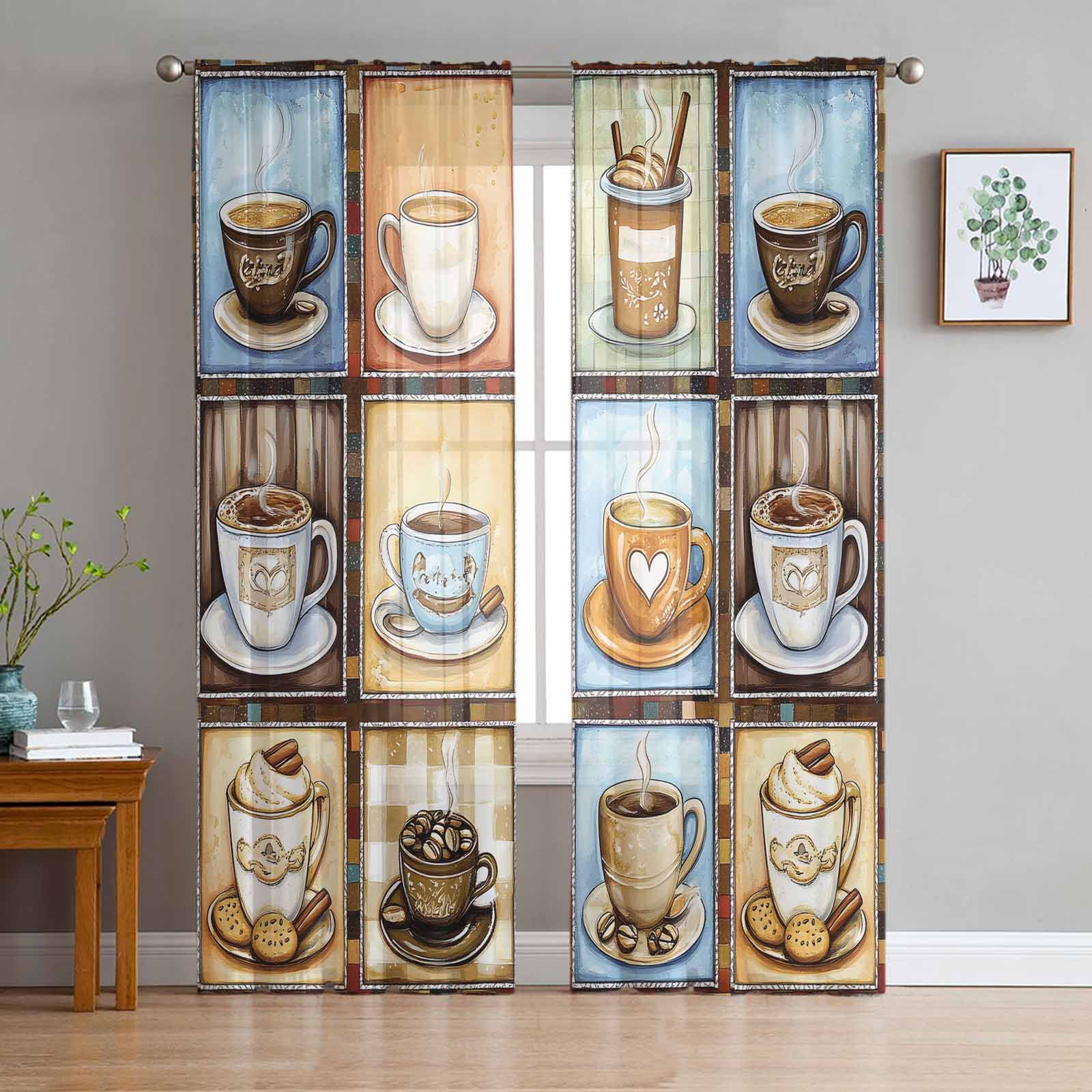 Watercolor Coffee Semi Sheer Curtains 72 Inch Length 2 Panels Set ...