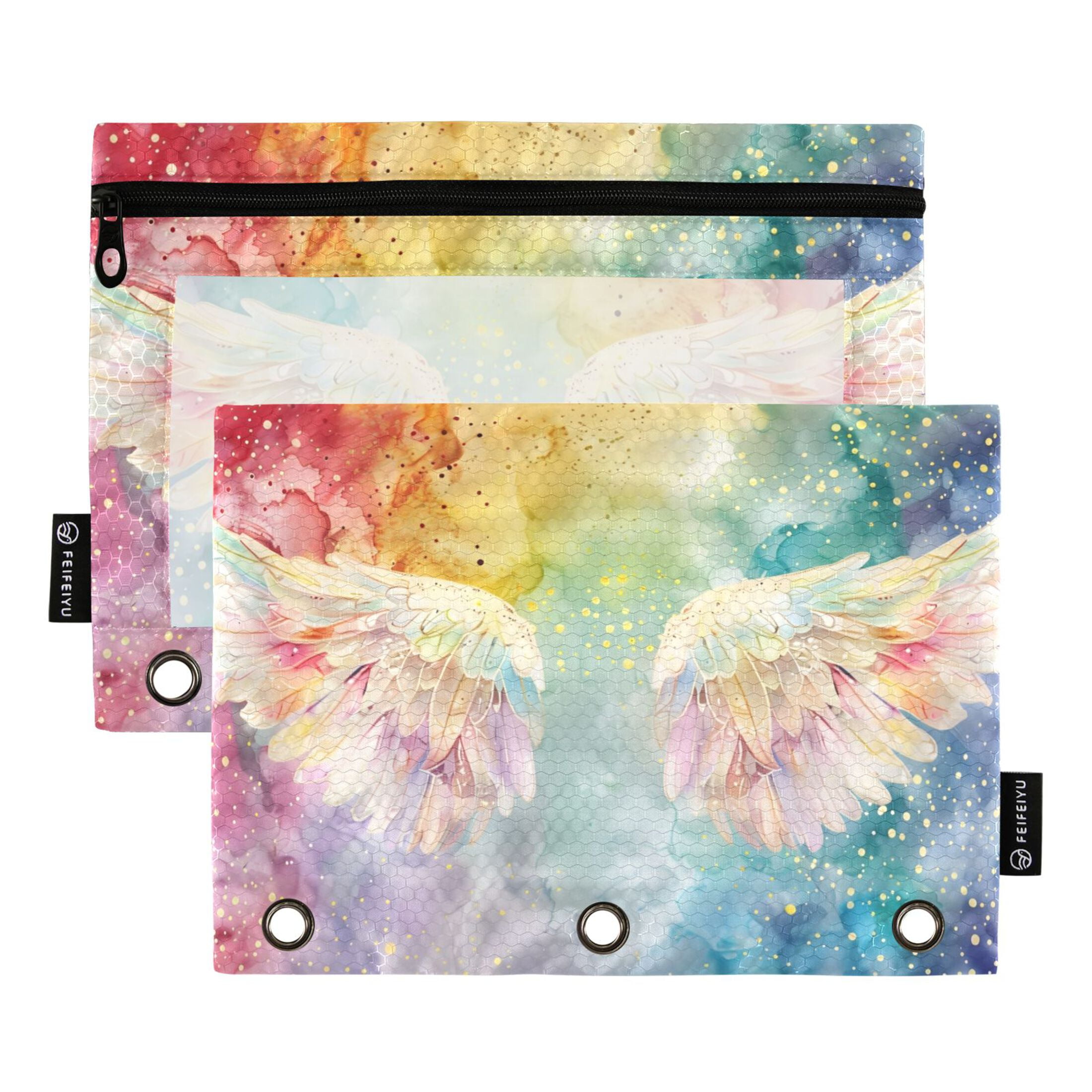 Watercolor Colorful Angel Wings Binder Pouches Zipper Pocket Document ...