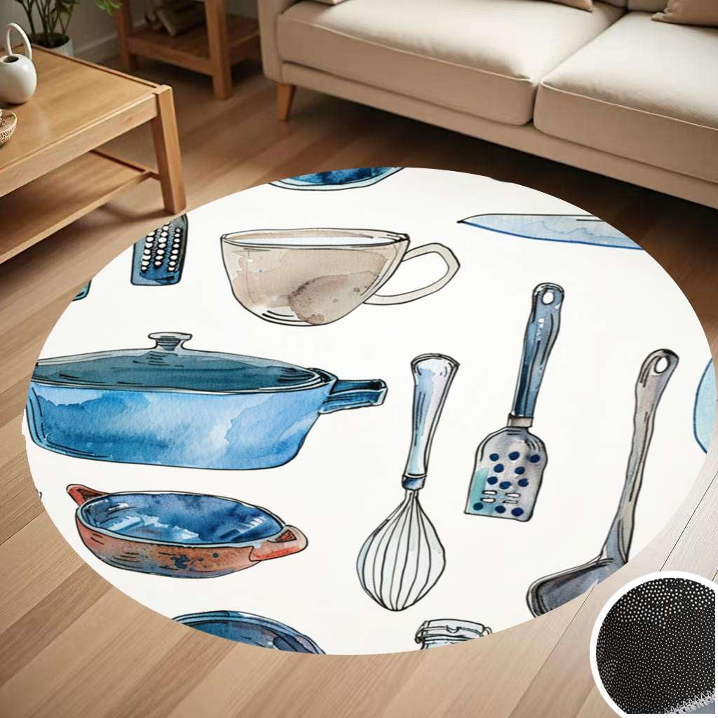 Watercolor Cooking Utensils Round Carpet Living Room Bedroom Home ...