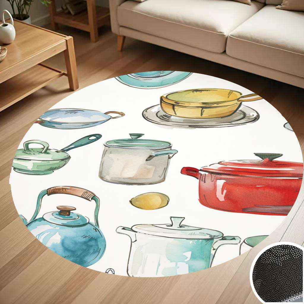 Watercolor Cooking Utensils Round Carpet Living Room Bedroom Home ...