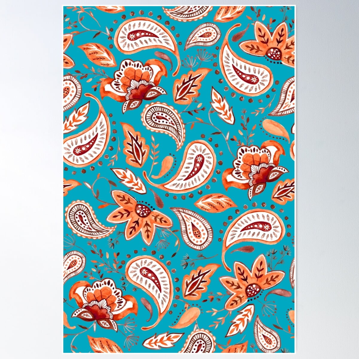 Watercolor Coral Floral Paisley - Turquoise Poster Wall Art, Modern ...