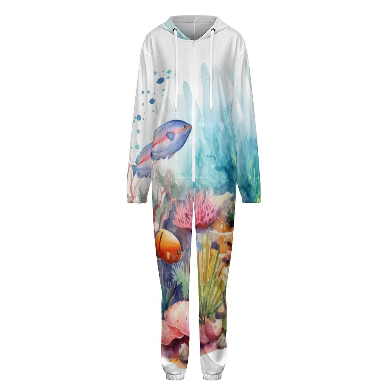 Watercolor Coral Reef Unisex Adult Onesie Pajamas with Pockets for ...