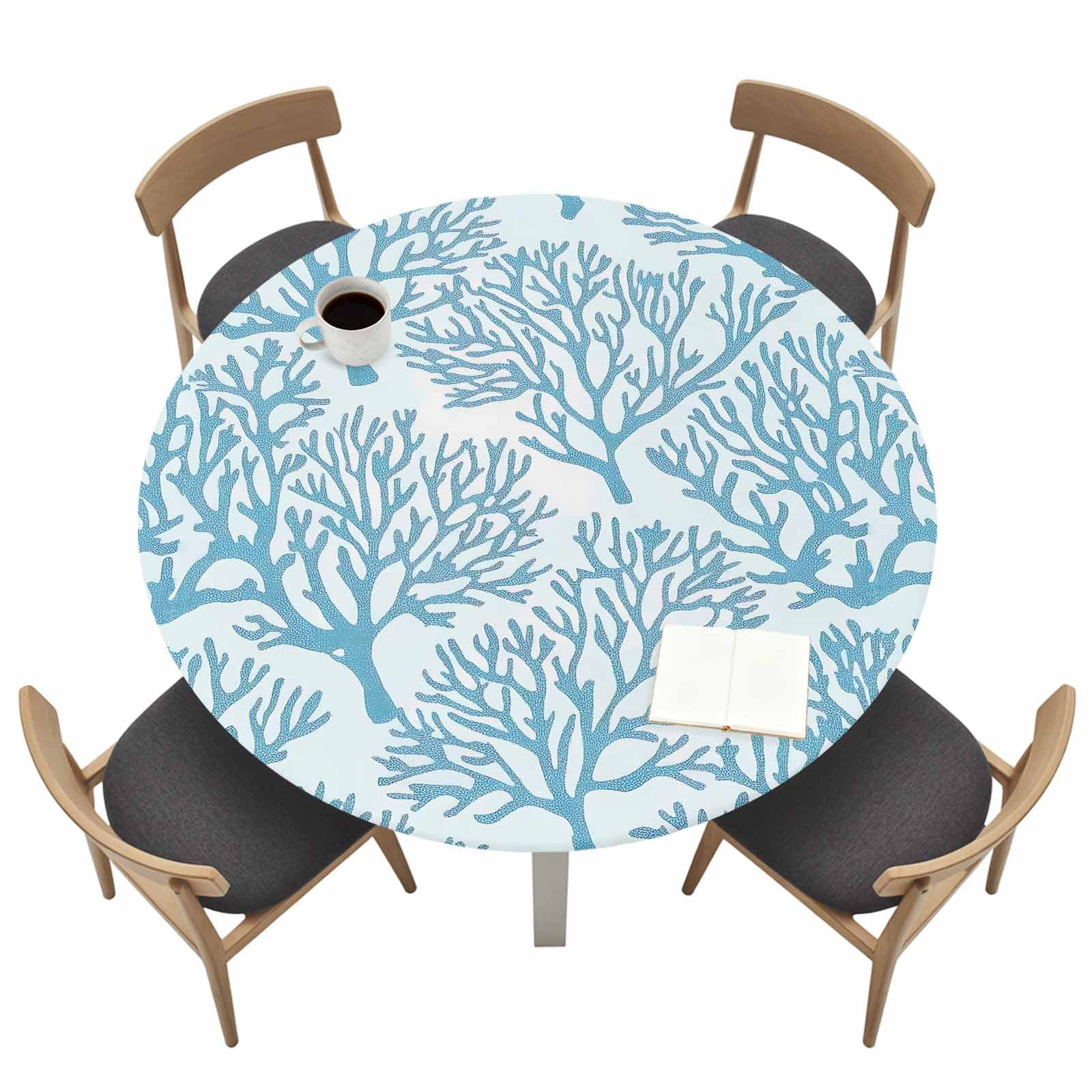 Watercolor Coral Round Fitted Tablecloth with Elastic Edge Light Blue ...