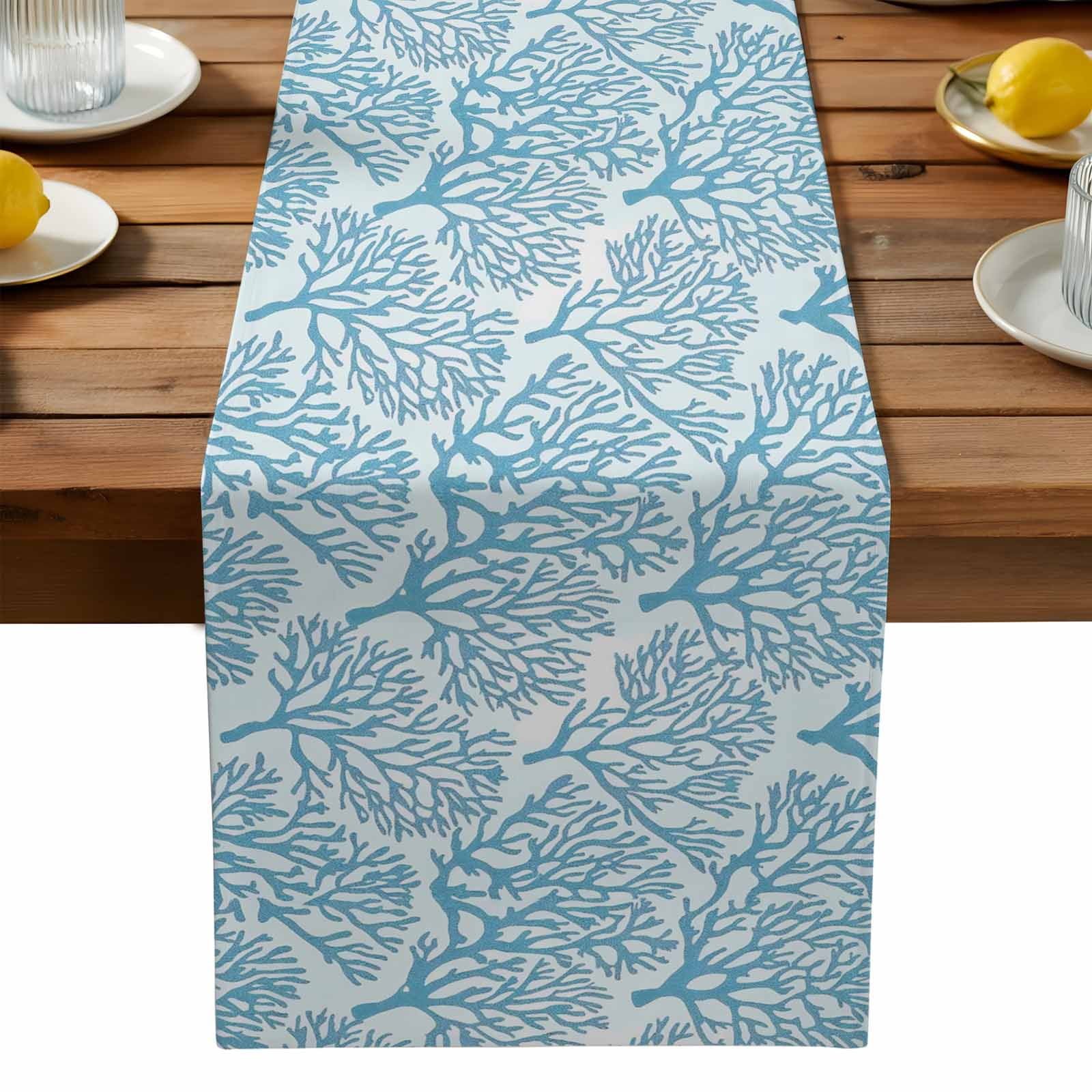 Watercolor Coral Table Runner, Light Blue Coastal Kitchen Table Runners ...