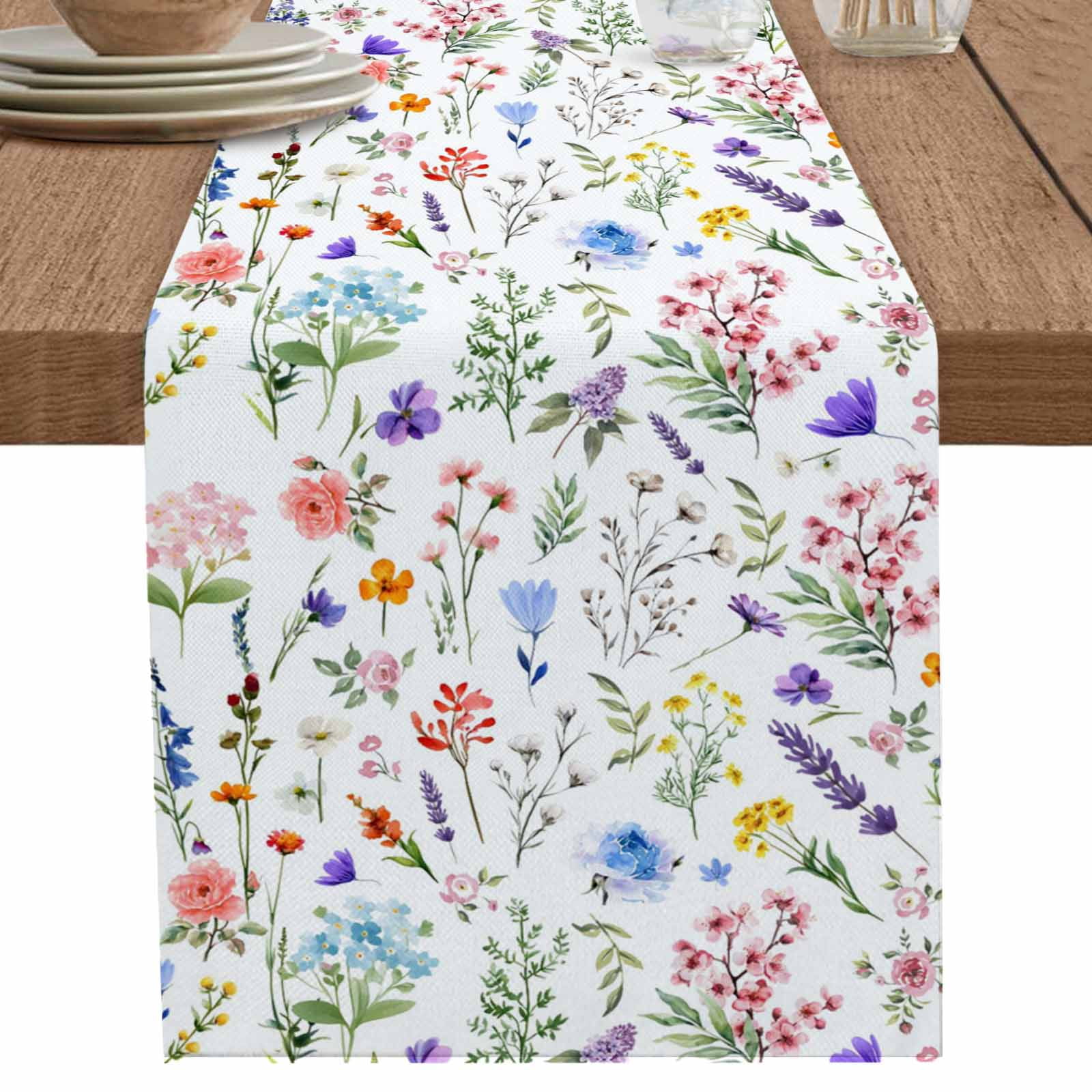 Watercolor Country Flower Floral Leaves Table Runner-36 Inch Long ...