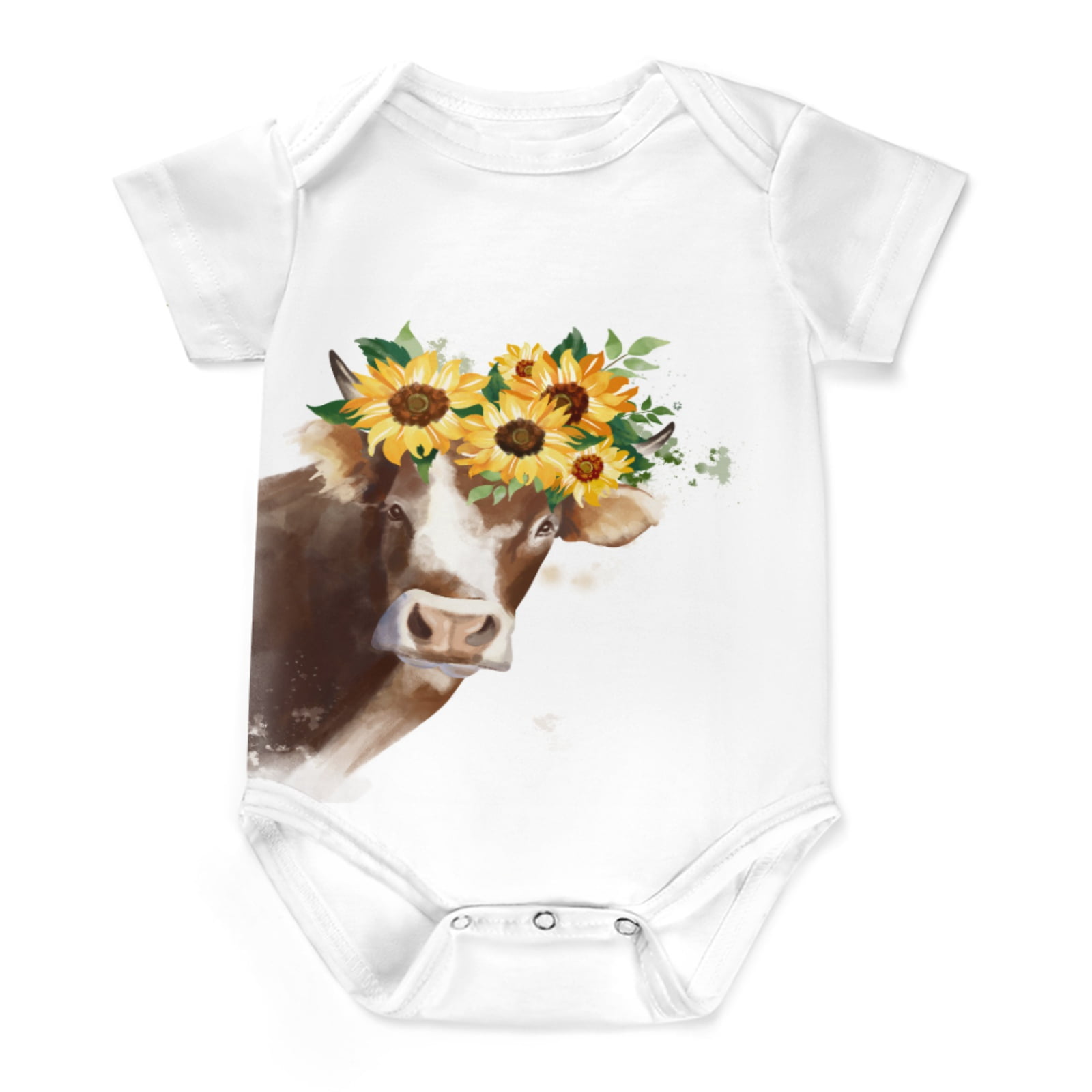 Watercolor Cow Sunflowers Bodysuit for Boy Girl Cow Floral Farm Animals Baby Romper Infant One ...