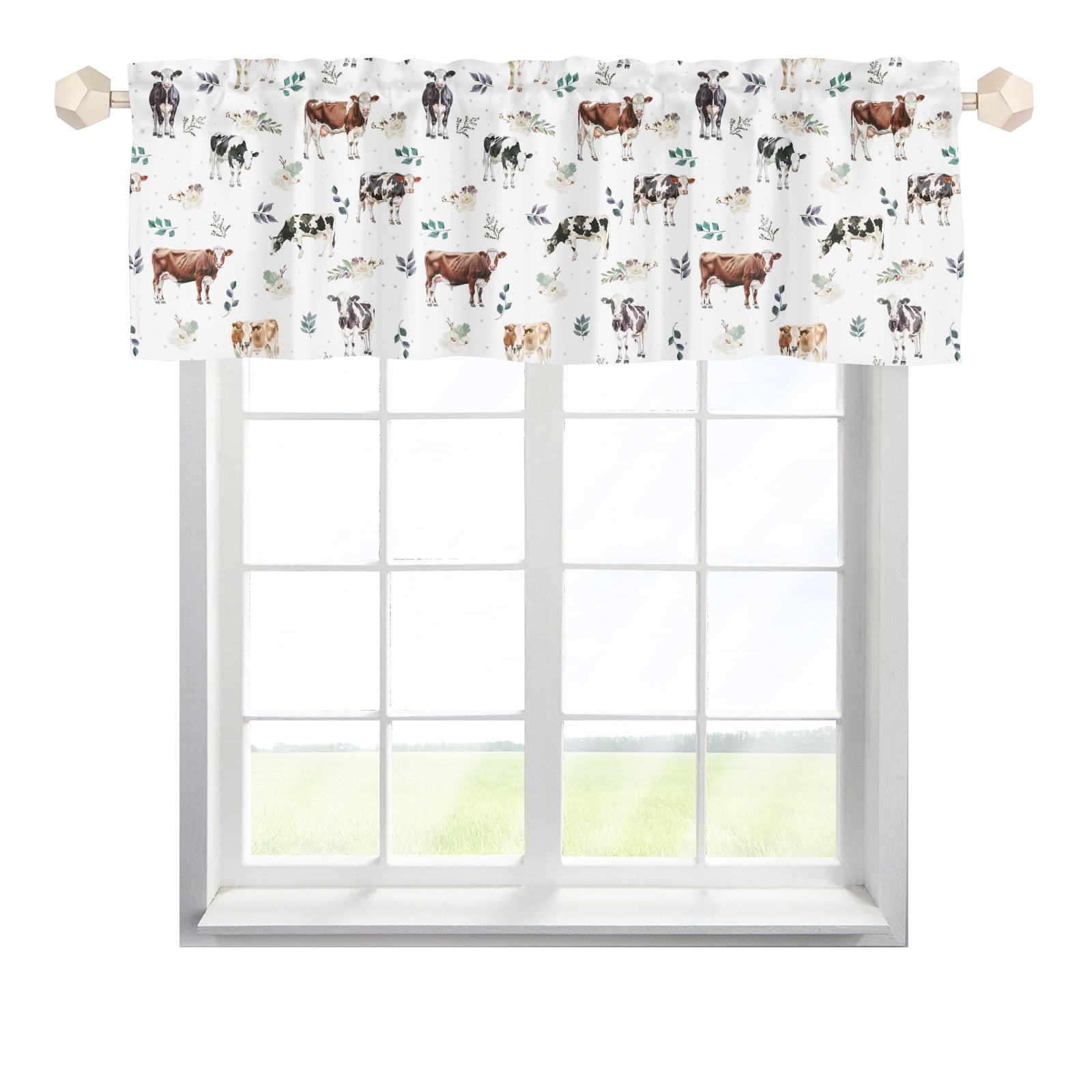 Watercolor Cows Boho Leaves Kitchen Valances 54''x18'' Farm Animal ...