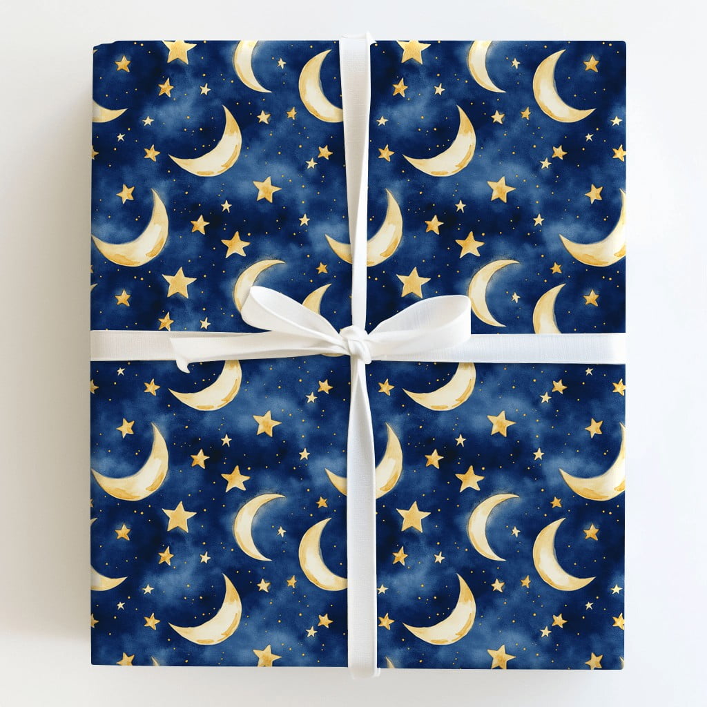 Watercolor Crescent Moon and Stars Celestial Night Sky Gift Wrapping ...