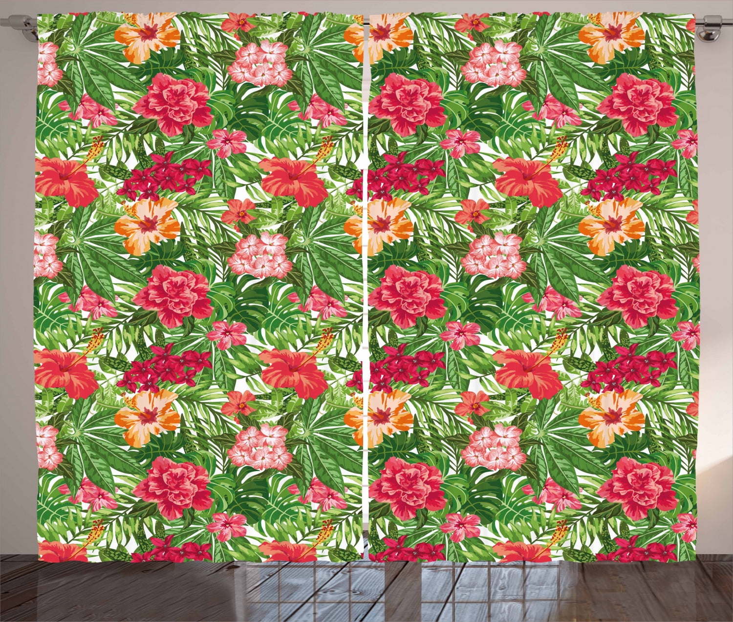Watercolor Curtains 2 Panels Set, Exotic Flower Arrangement Hawaiian ...