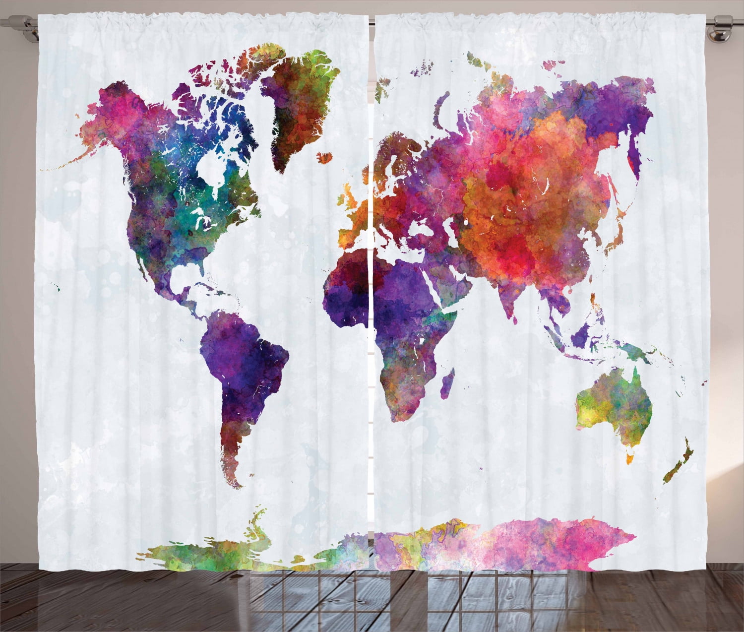Ambesonne Watercolor Curtains 2 Panel Set, Colorful World Map, 108" x ...