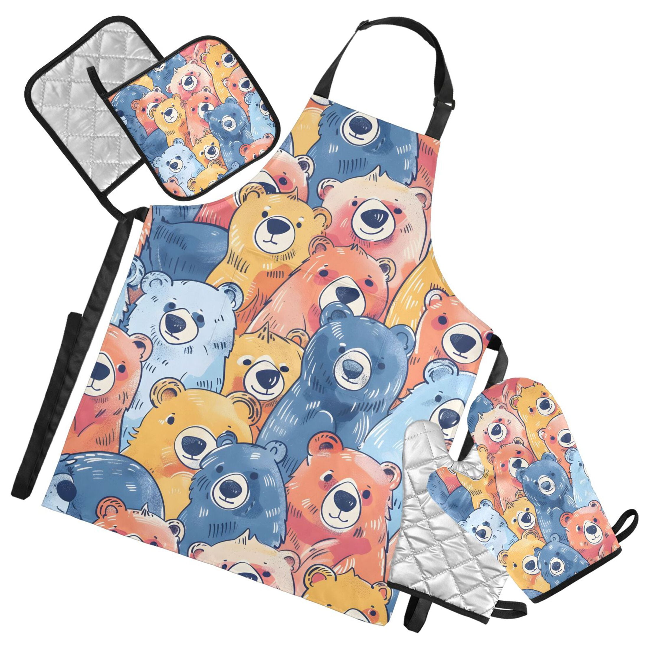 Watercolor Cute Bears 5 Pcs Kitchen Set Heat Resistant Oven Mitts and ...