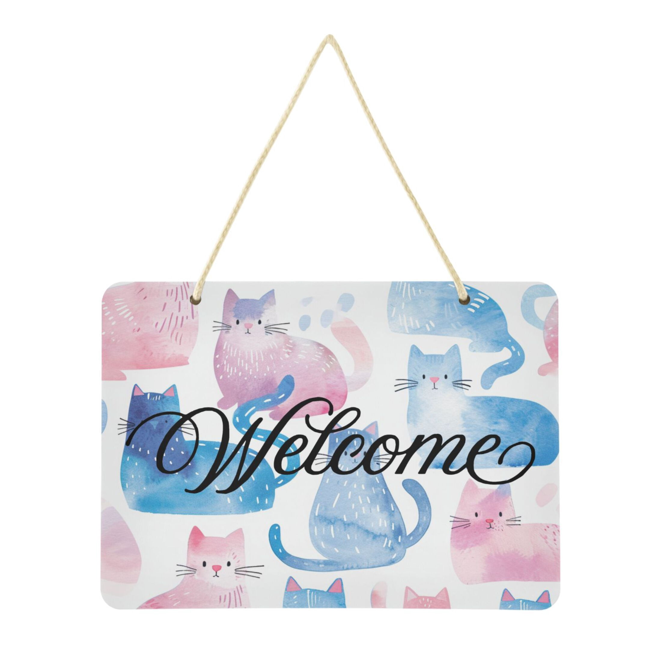 Watercolor Cute Cats Welcome Sign Front Door PVC 14x10 inch Hanger ...