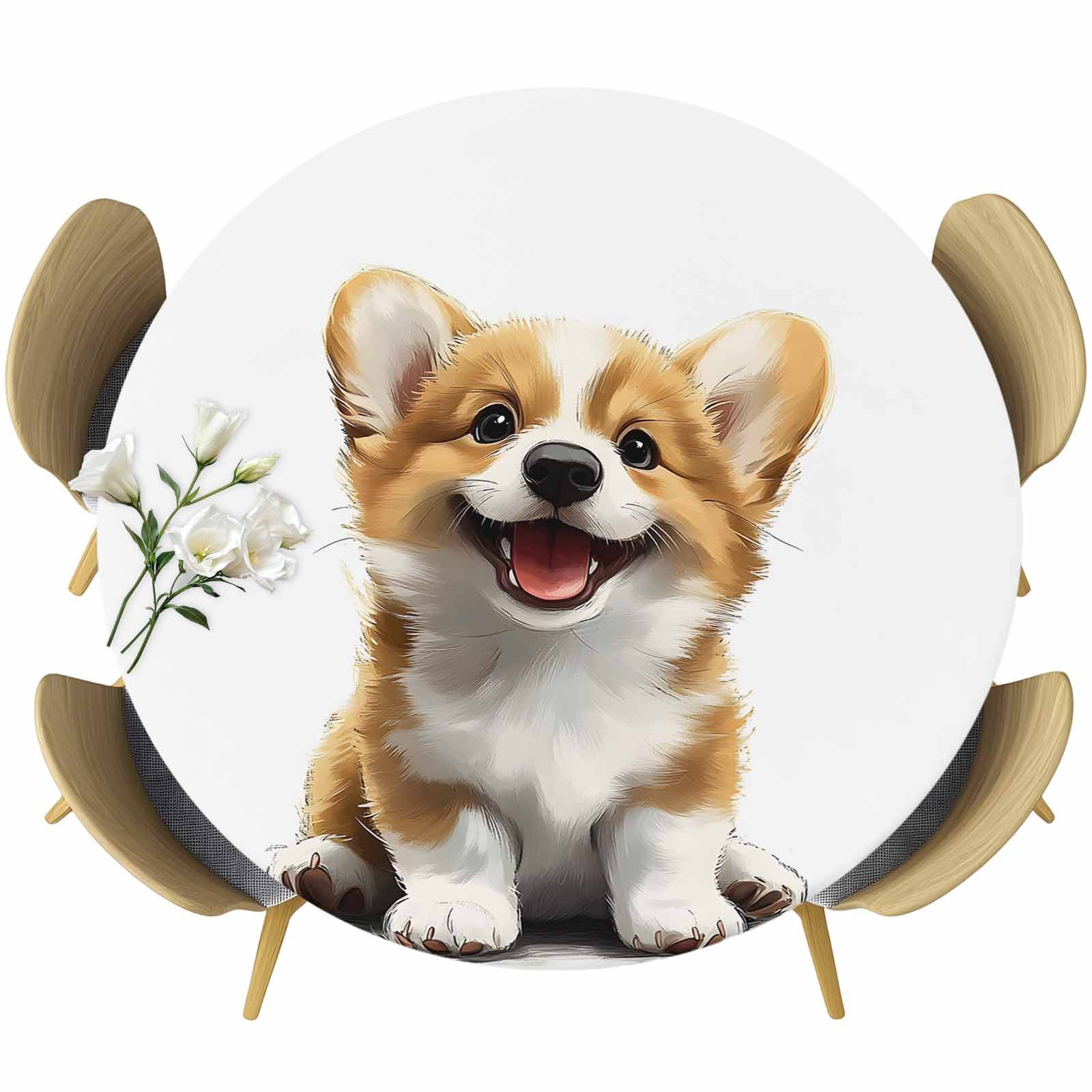 Watercolor Cute Puppy Round Fitted Tablecloth with Elastic Edge, Modern ...