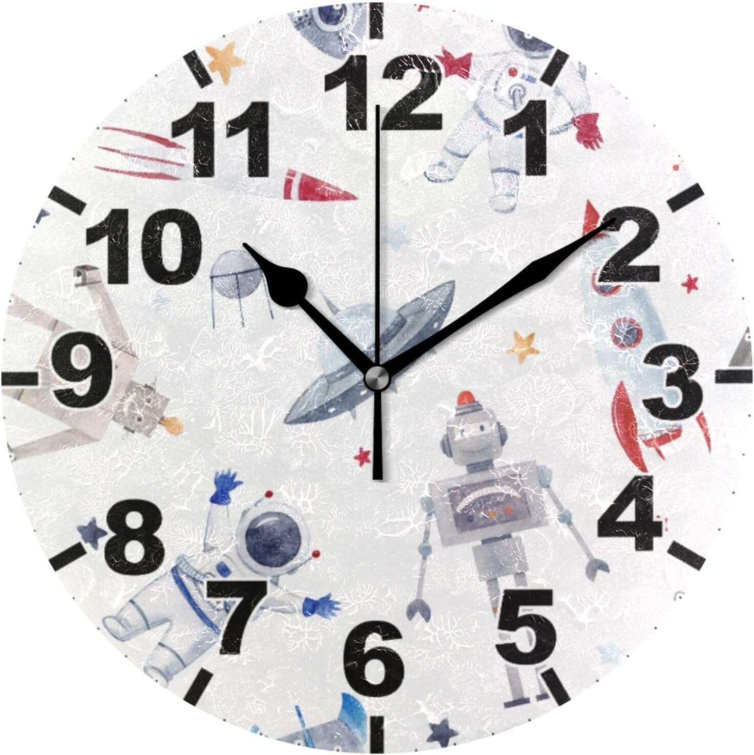 Watercolor Cute Robots Round Wall Clock, Battery Operated Silent Non ...