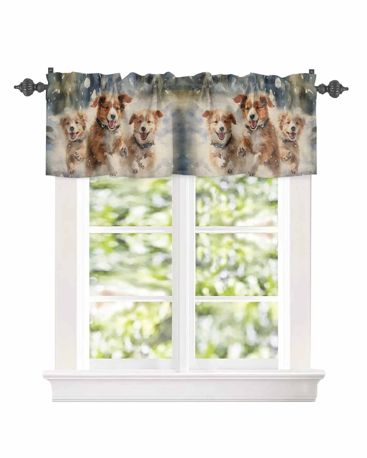 Watercolor Cute Running Dog Pet Window Valances for Kitchen,Rod Pocket ...