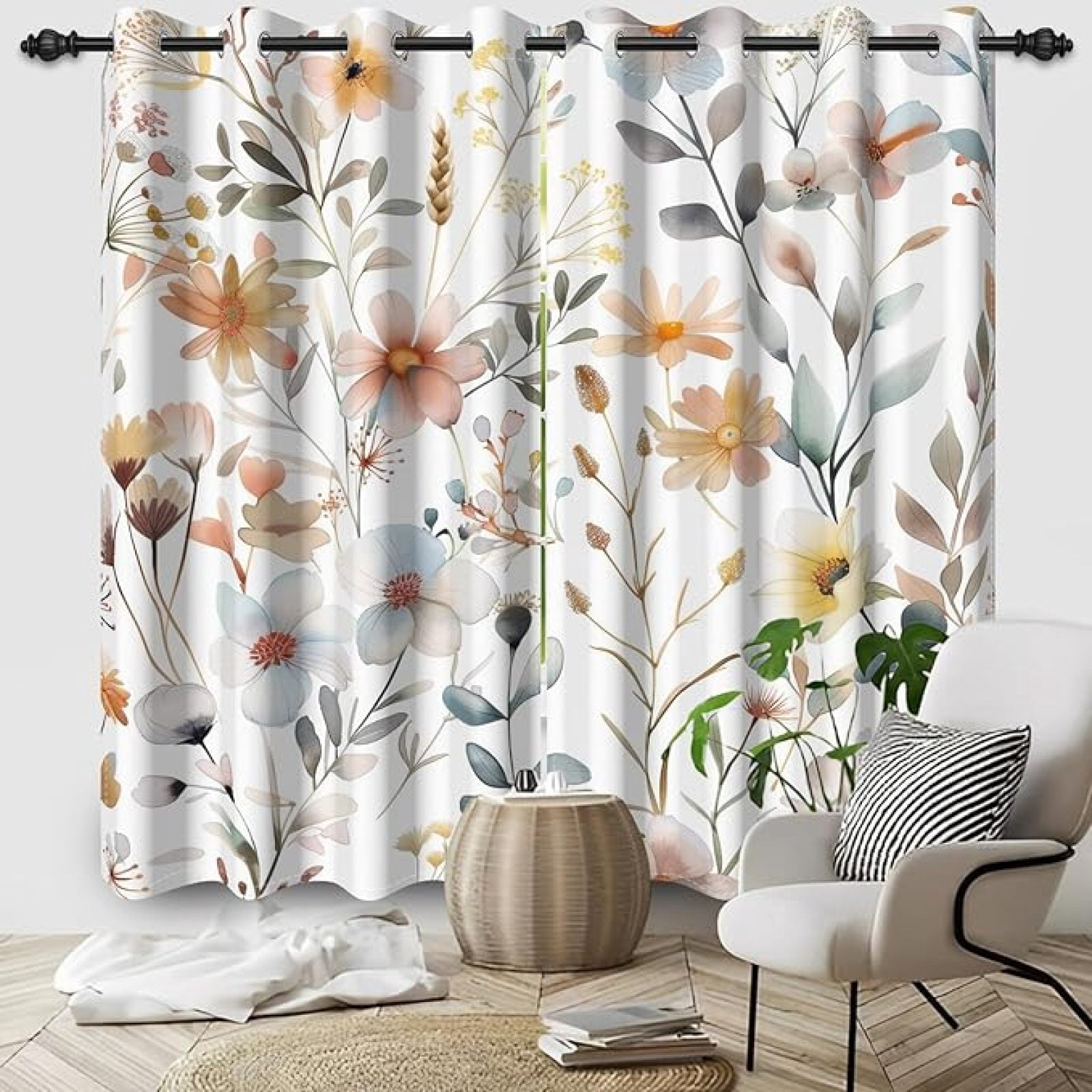 Watercolor Daisy Floral Plants Blackout Curtains Colorful Flowers ...