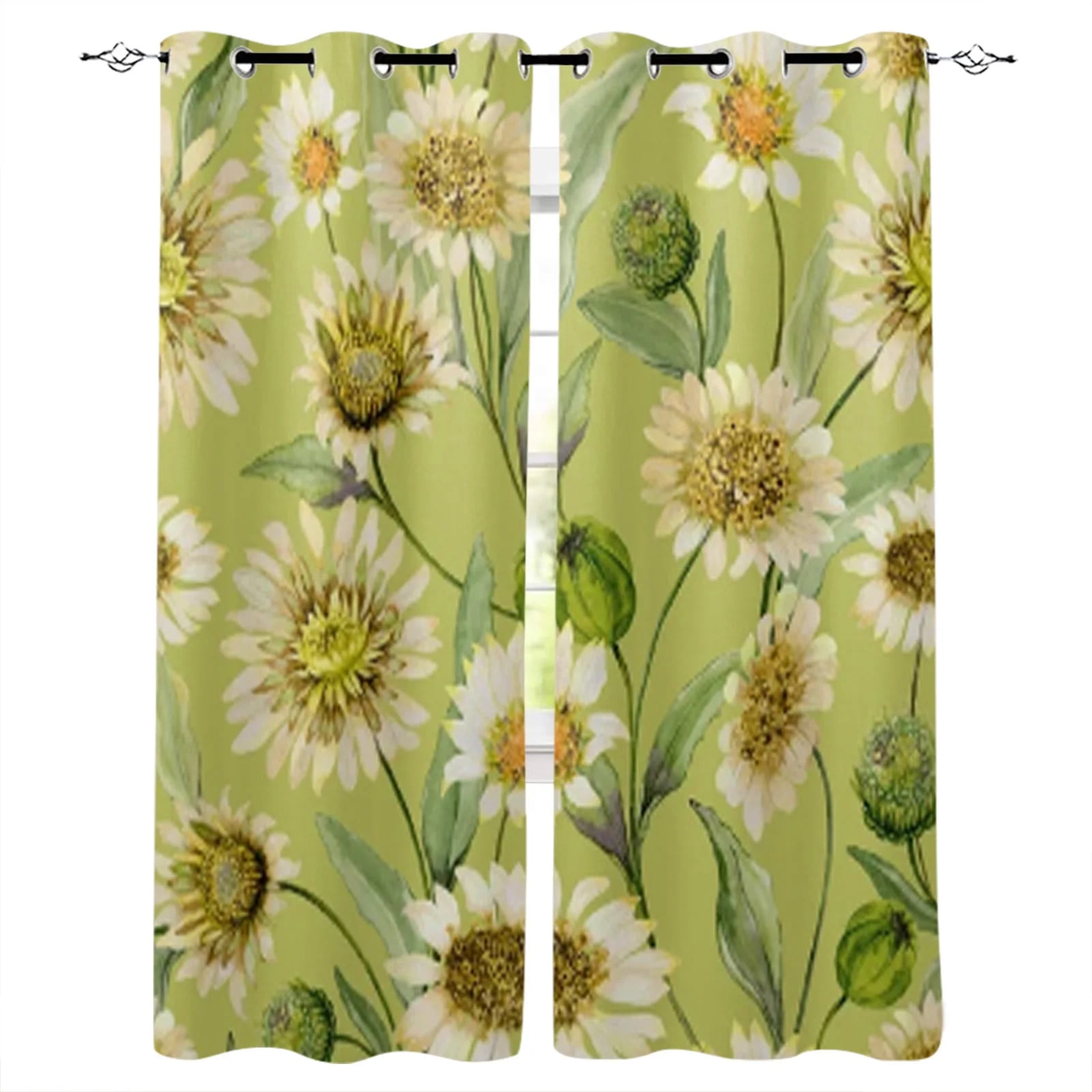Watercolor Daisy Flower Bud Beige Print Kitchen Curtain Window ...