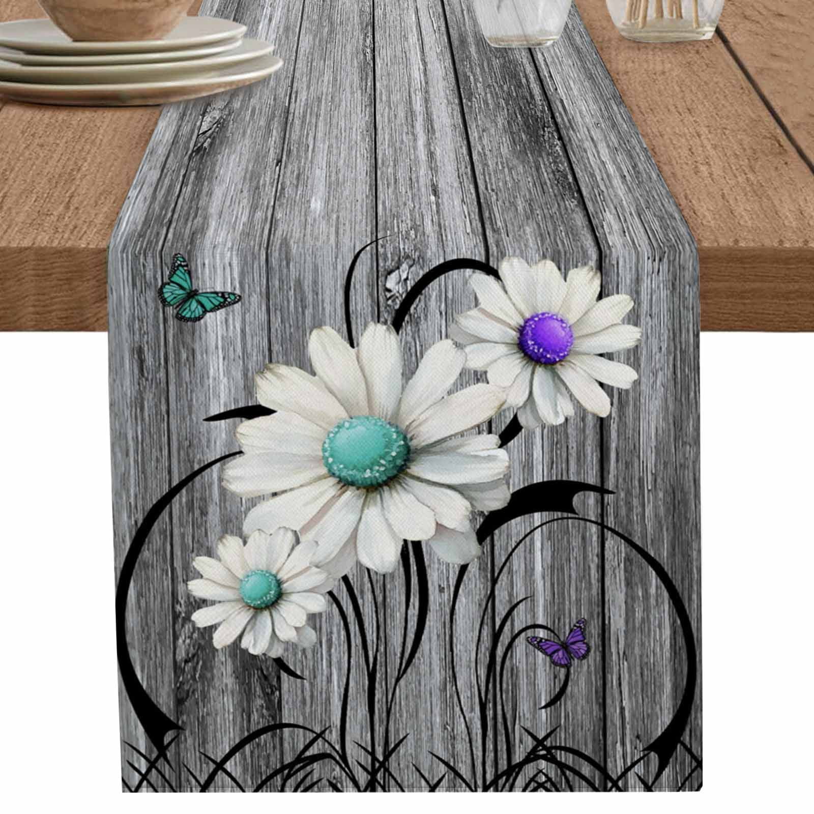 Watercolor Daisy Flower on Grey Wood Grain Table Runner-70 Inch Long ...