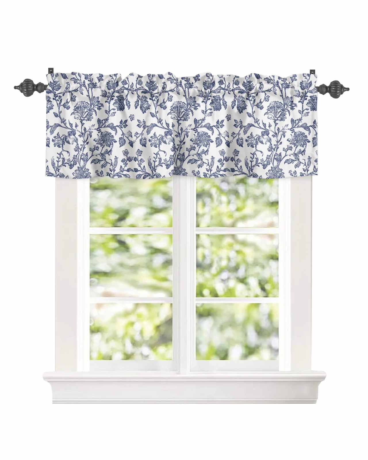 Watercolor Dark Blue Flower Curtain Valances for Kitchen Windows,Rod ...