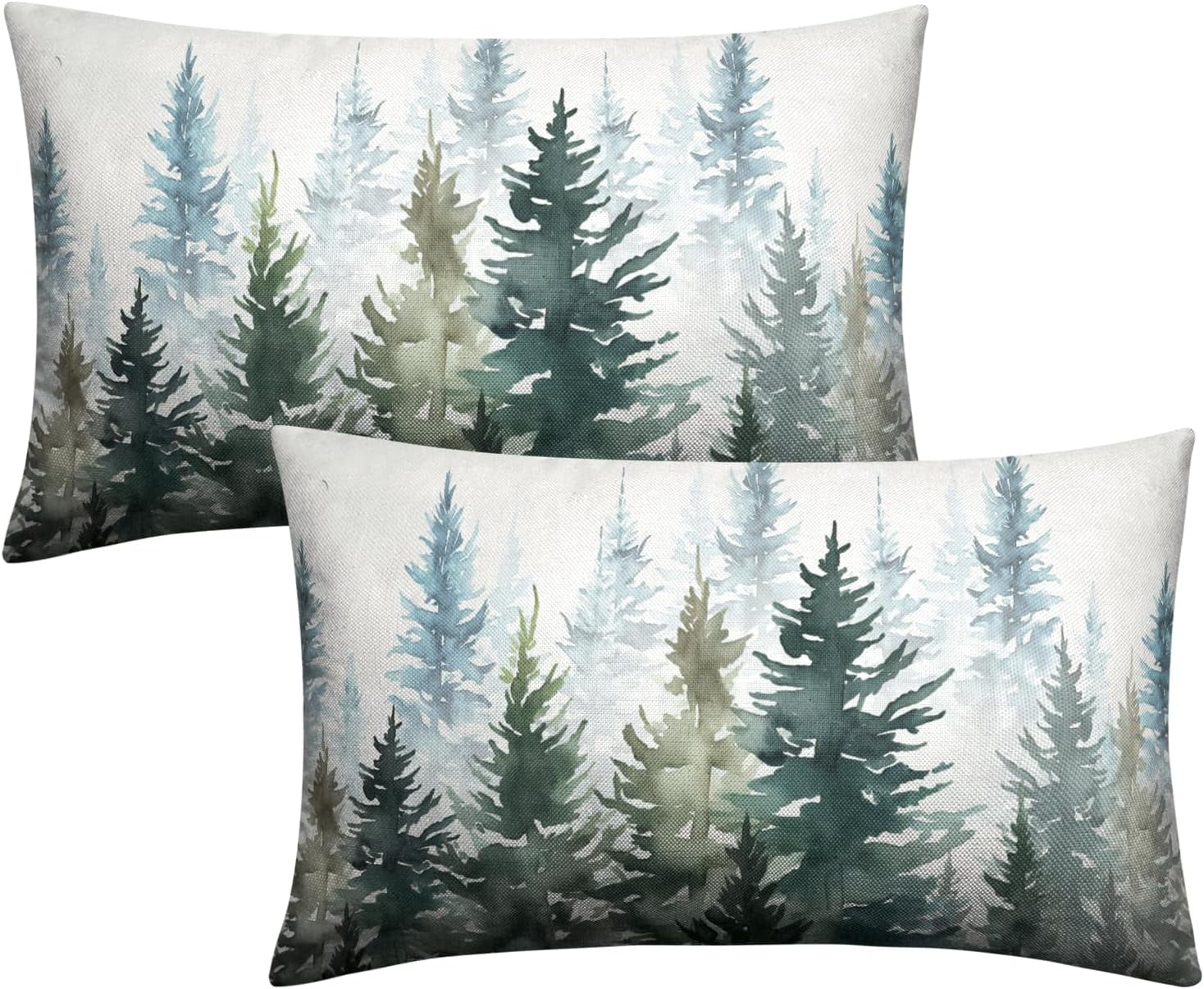 Watercolor Dark Green Christmas Tree Lumbar Pillow Covers 12x20 Set of ...
