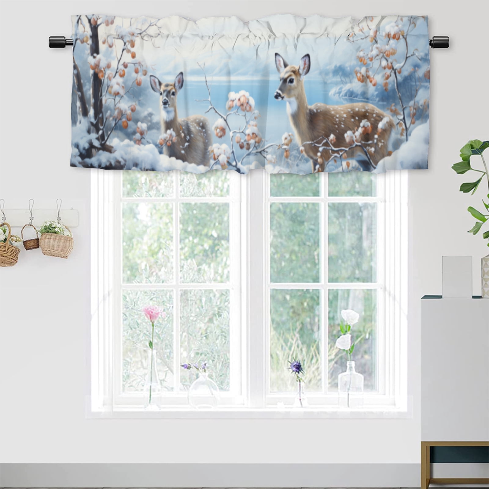 Watercolor Deer Curtain Valances Winter Forest Dreamy Snowy Tree Nature ...