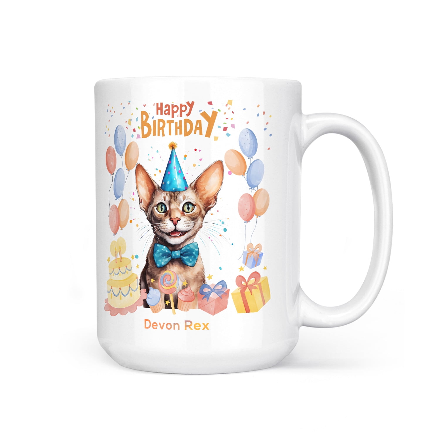 Watercolor Devon Rex Happy Birthday Celebration Balloons Gift Party Mug ...