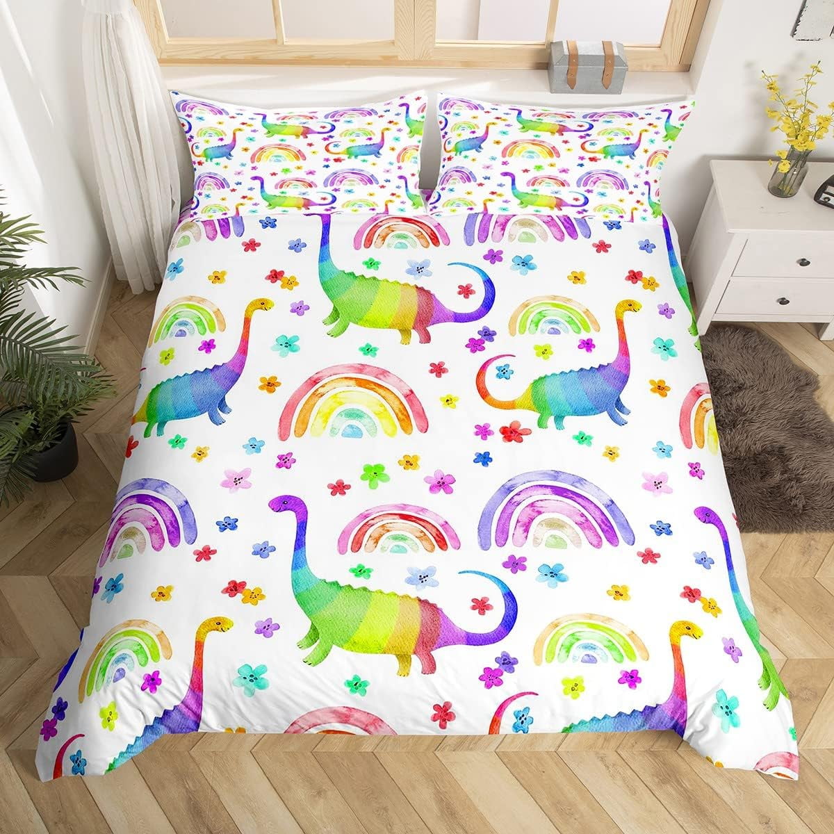 Watercolor Dinosaur Bed Set Toddler Bed Girl Boy Cartoon Dino Duvet ...