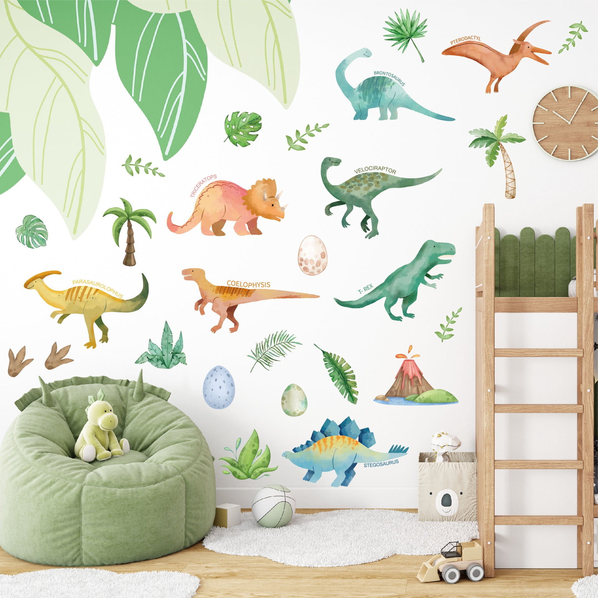 Watercolor Dinosaur Wall Decals Tropical Plants Wall Stickers Vinyl ...