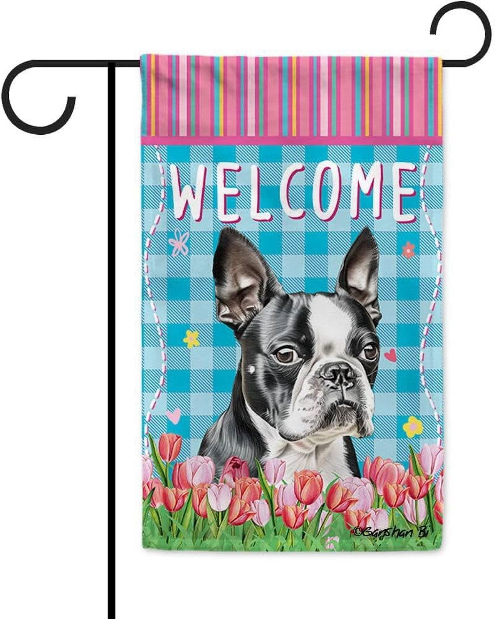 Watercolor Dog Spring Summer Welcome Garden Flag Boston Terrier Tulip ...