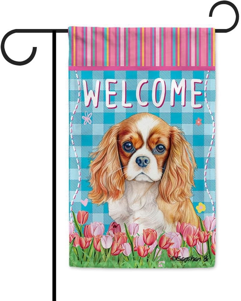 Watercolor Dog Spring Summer Welcome Garden Flag Cavalier King Charles ...