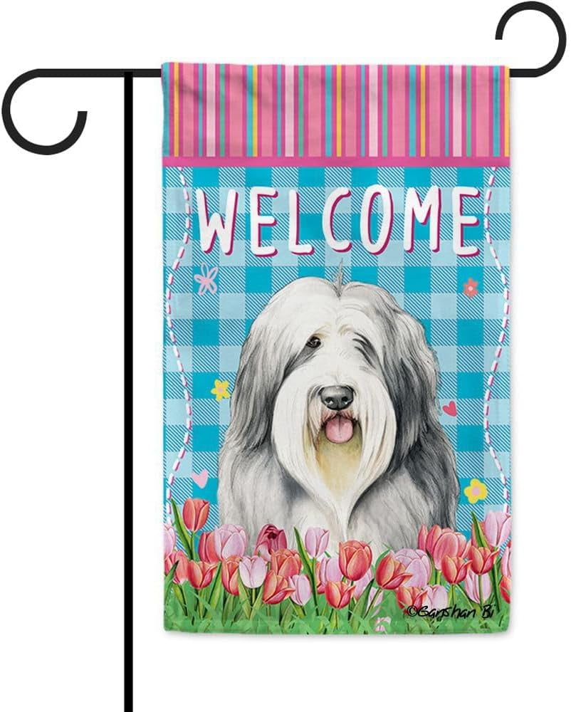 Watercolor Dog Spring Summer Welcome Garden Flag English Sheepdog Tulip ...