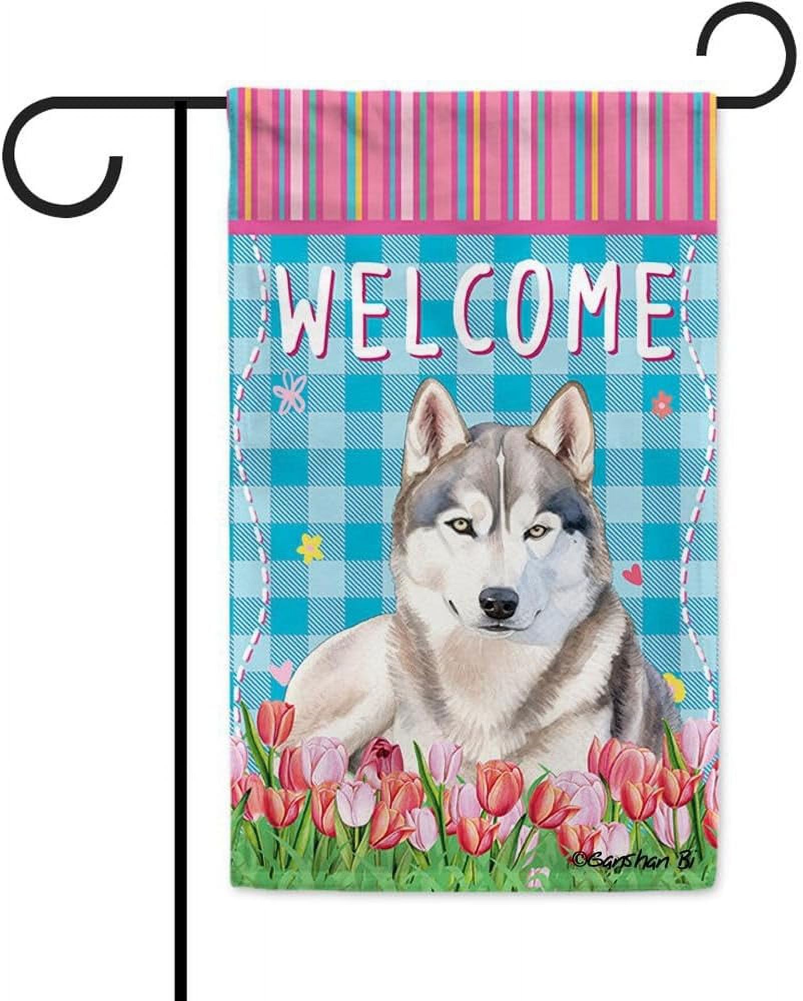 Watercolor Dog Spring Summer Welcome Garden Flag Siberian Husky Tulip ...