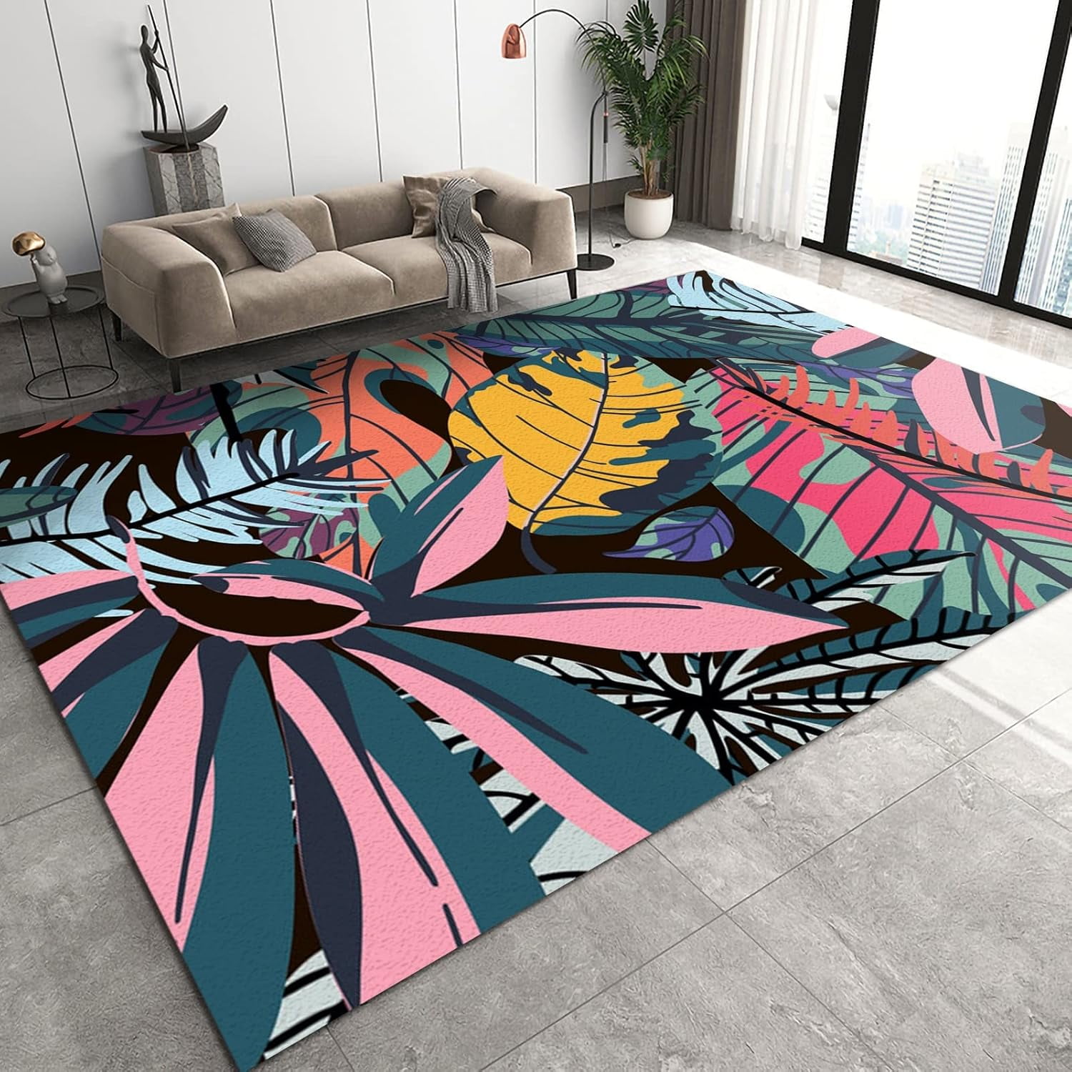 Watercolor Doodle Leaf Area Rugs, 3D Living Room Rug, Bathroom Rugs ...