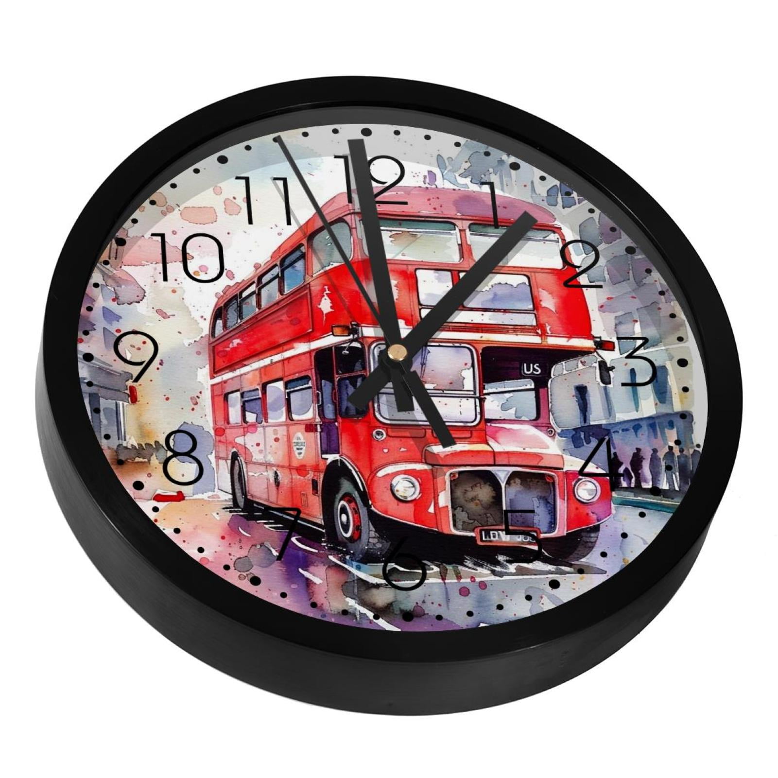 Watercolor Double Deck London Bus Silent Wall Clock, Non Ticking ...